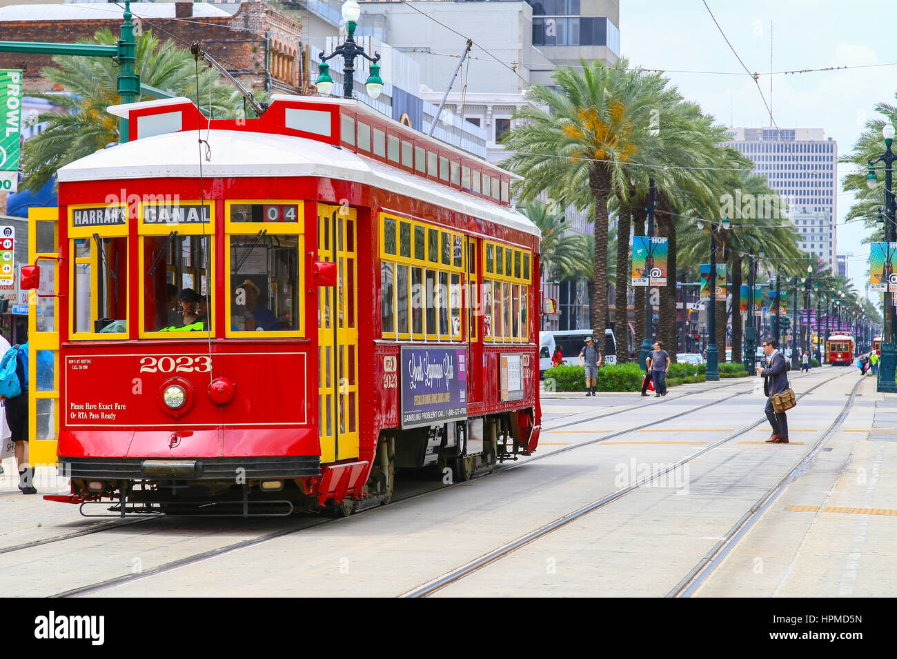 New Orleans, USA - May 14, 2015: Red streetcar on Canal Street, in the ...