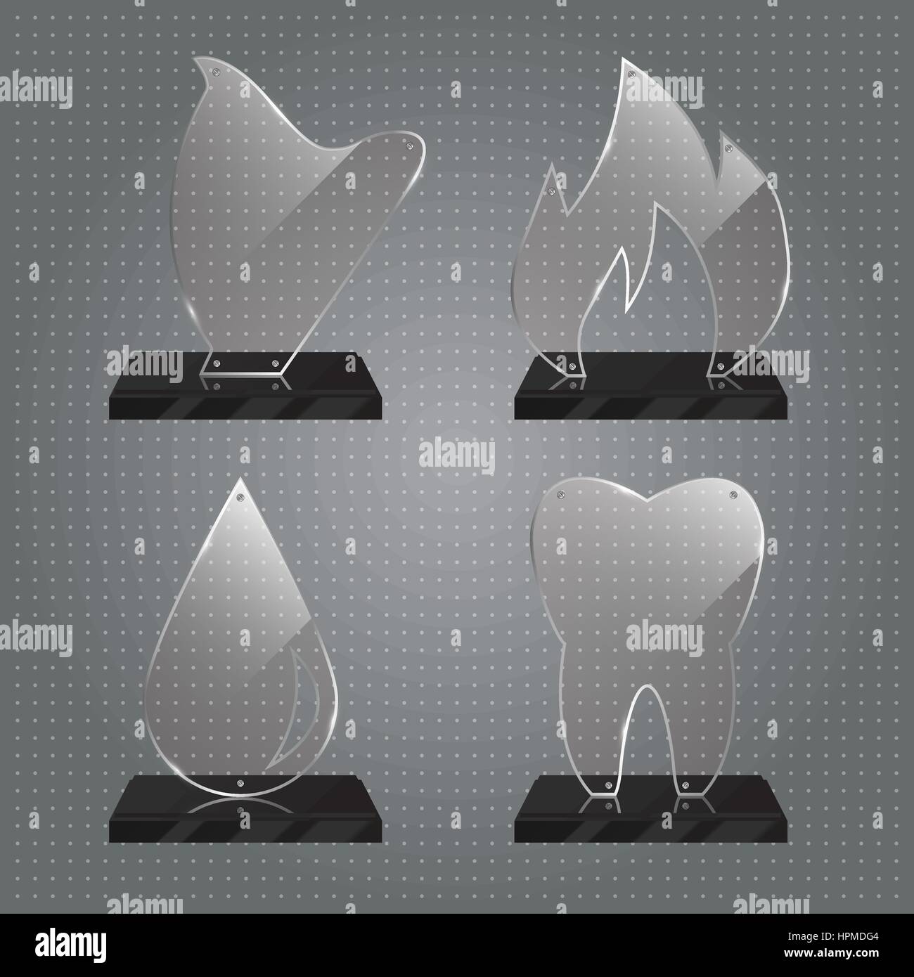 Set of realistic transparent glass trophy awards standing on black base ...