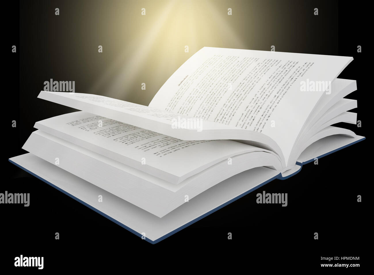 3D rendering of open book with bright light on black background Stock ...