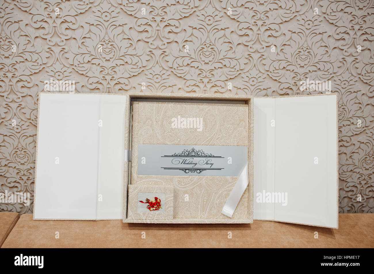 Elegant wedding album and photo book from beige material Stock Photo ...