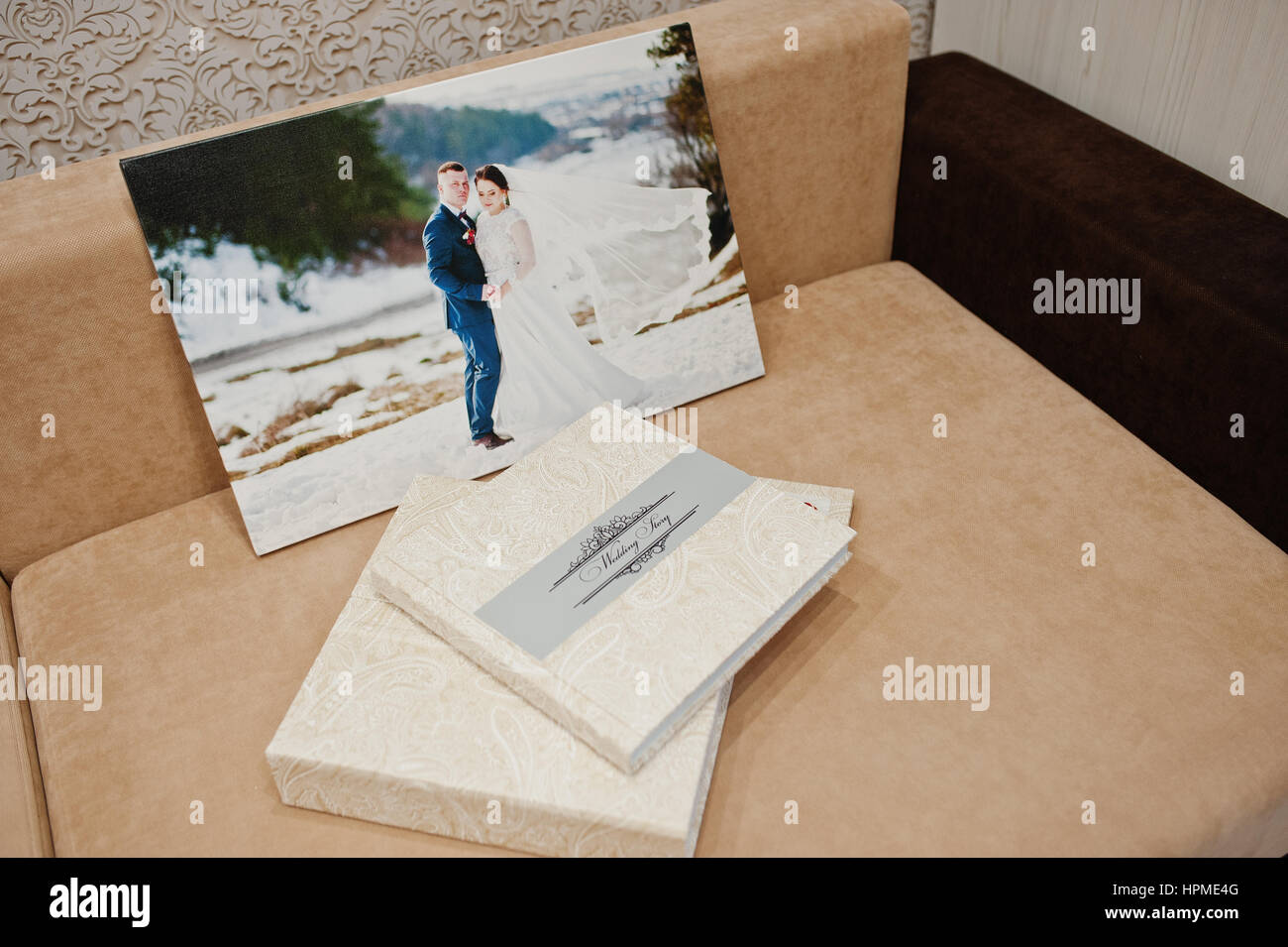 Elegant wedding album and photo book from beige material with large ...