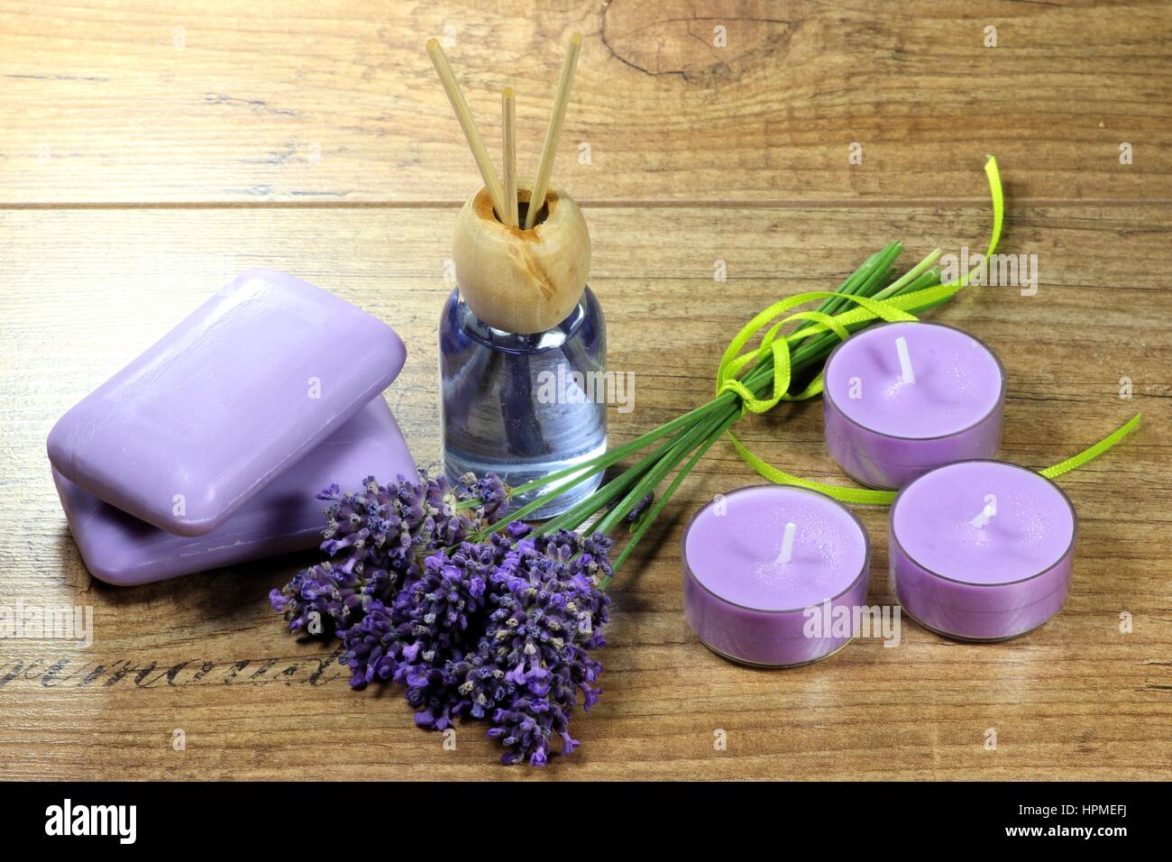 assortment of different lavender products on wooden background Stock ...