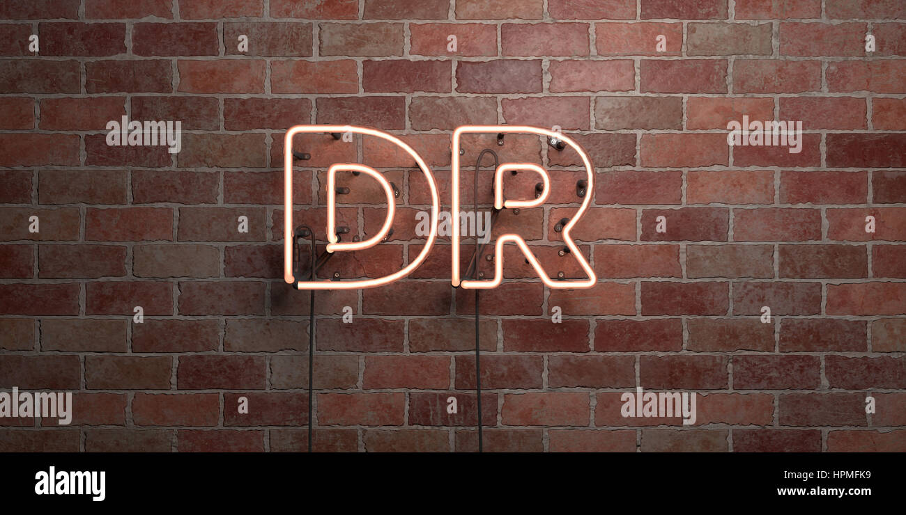 DR - fluorescent Neon tube Sign on brickwork - Front view - 3D rendered ...