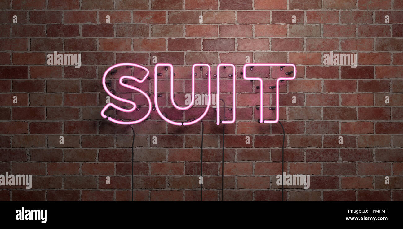 SUIT - fluorescent Neon tube Sign on brickwork - Front view - 3D ...