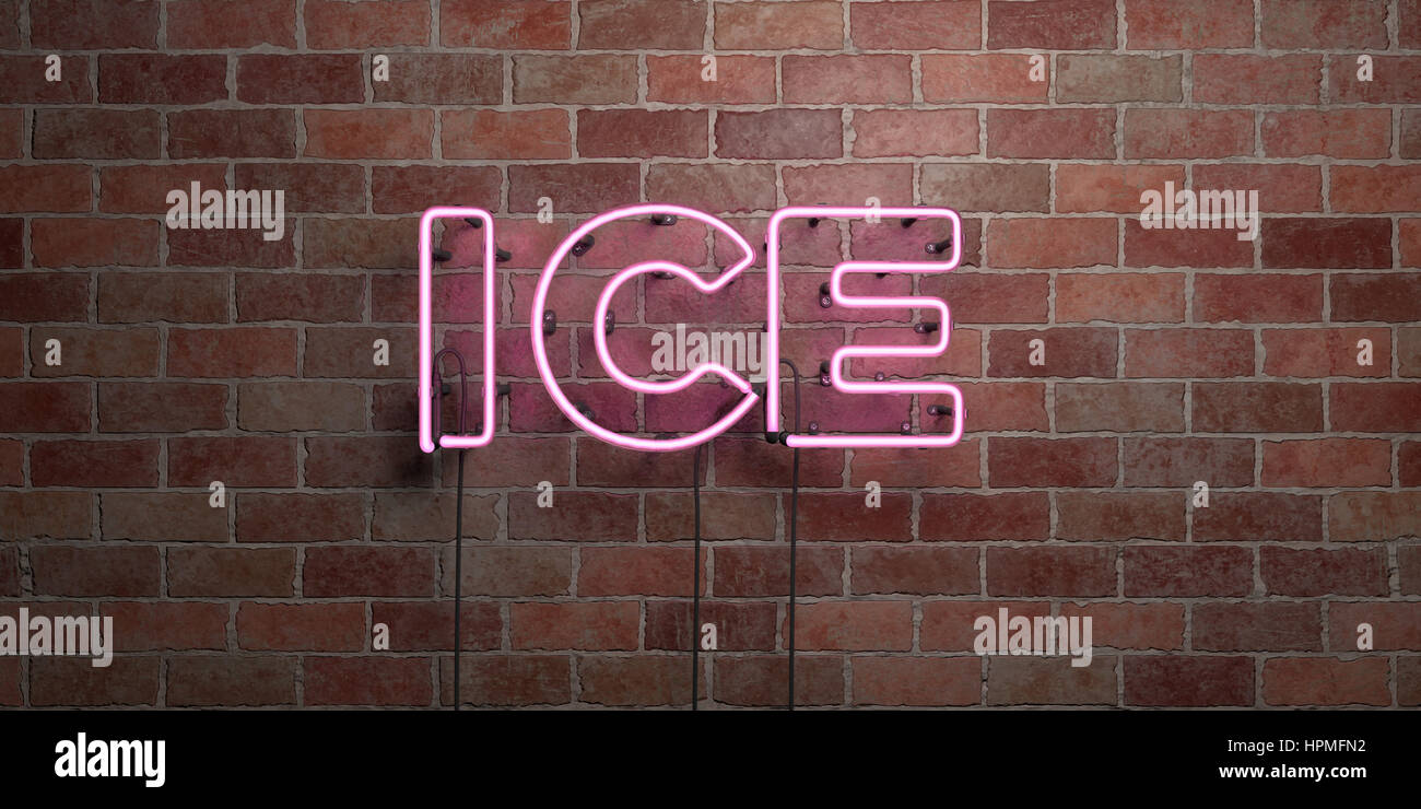 ICE - fluorescent Neon tube Sign on brickwork - Front view - 3D ...