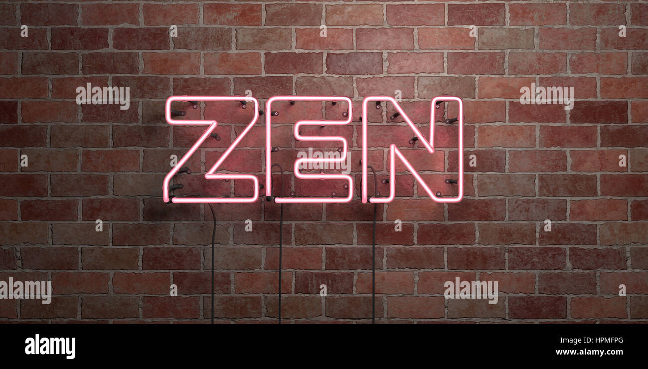 ZEN - fluorescent Neon tube Sign on brickwork - Front view - 3D ...