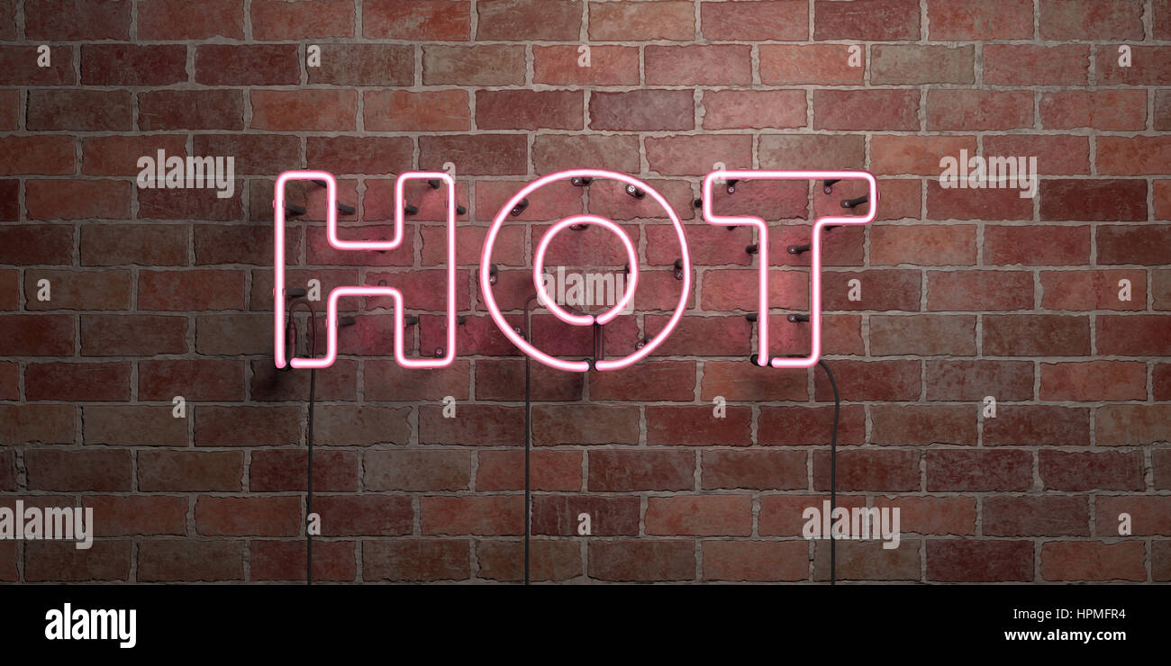 HOT - fluorescent Neon tube Sign on brickwork - Front view - 3D ...