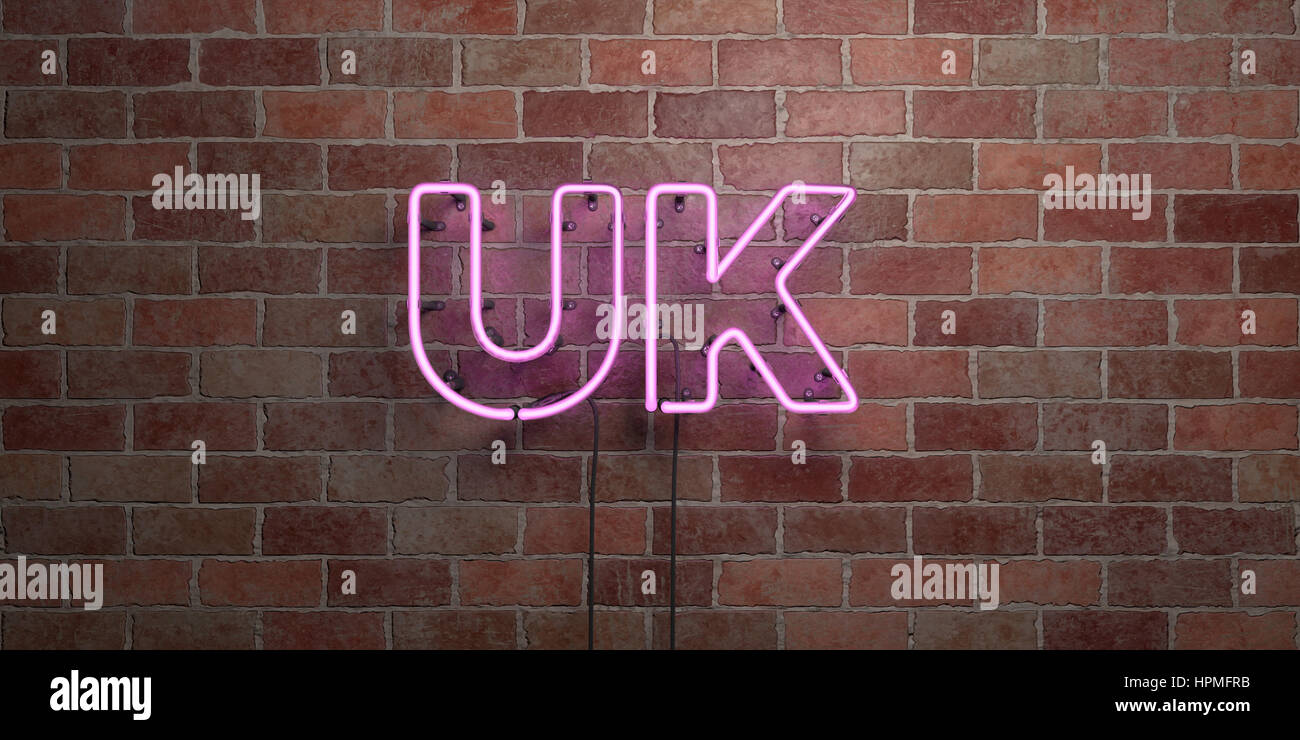 UK - fluorescent Neon tube Sign on brickwork - Front view - 3D rendered ...