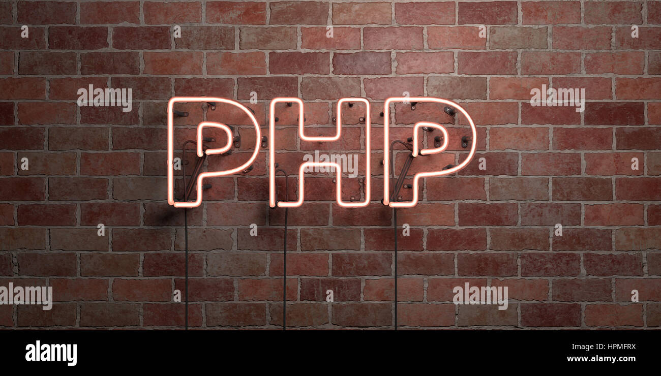 PHP - fluorescent Neon tube Sign on brickwork - Front view - 3D ...