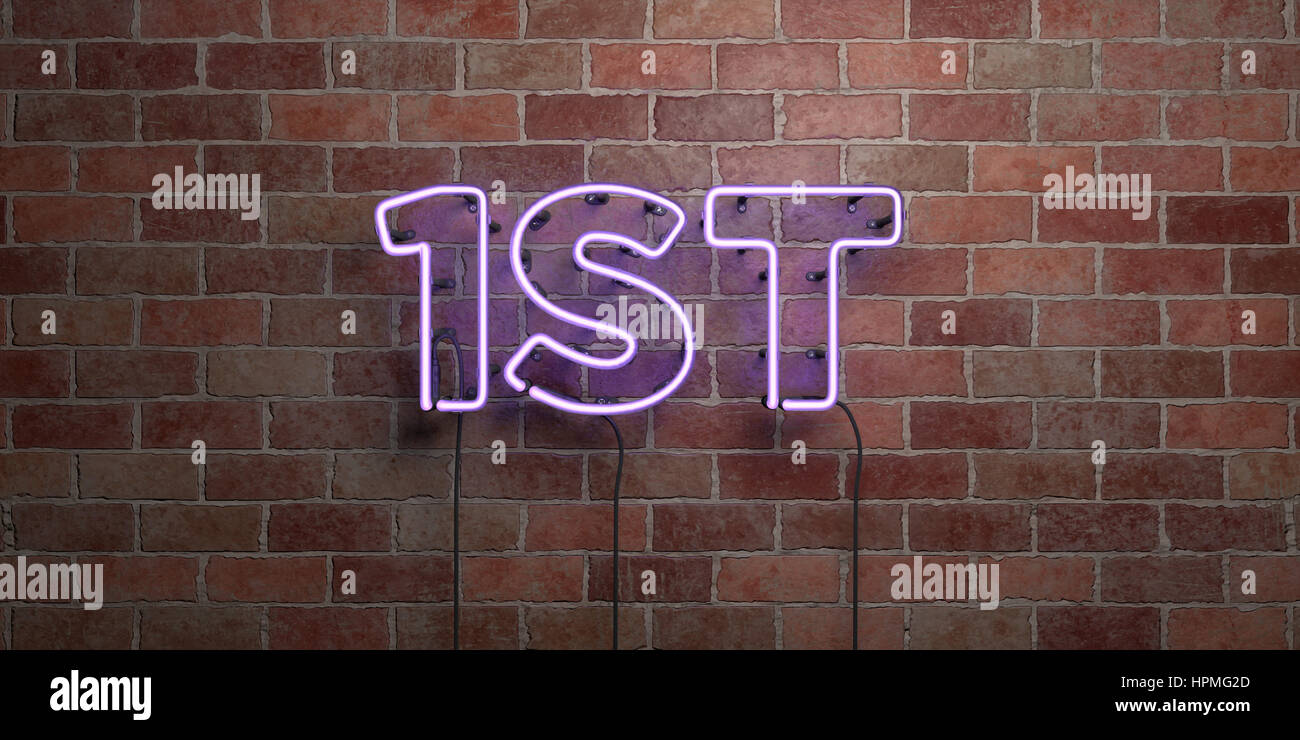 1ST - fluorescent Neon tube Sign on brickwork - Front view - 3D ...