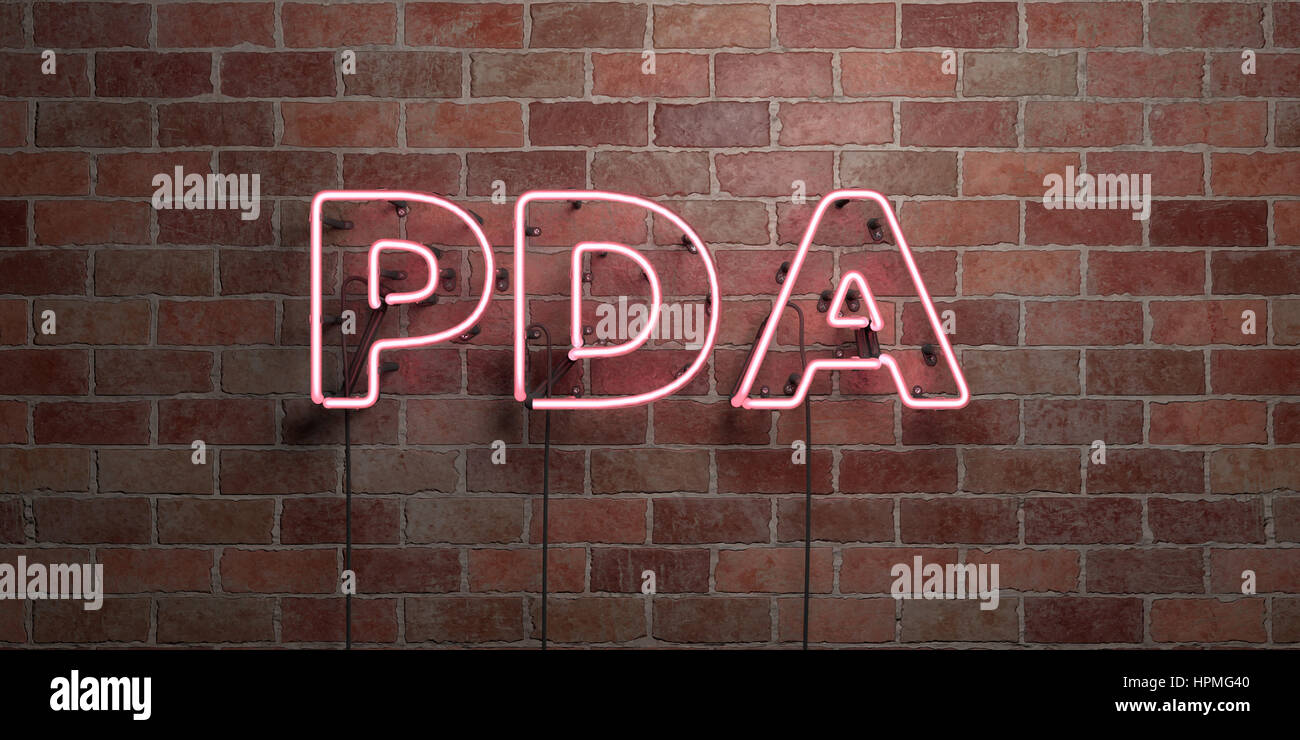 PDA - fluorescent Neon tube Sign on brickwork - Front view - 3D ...