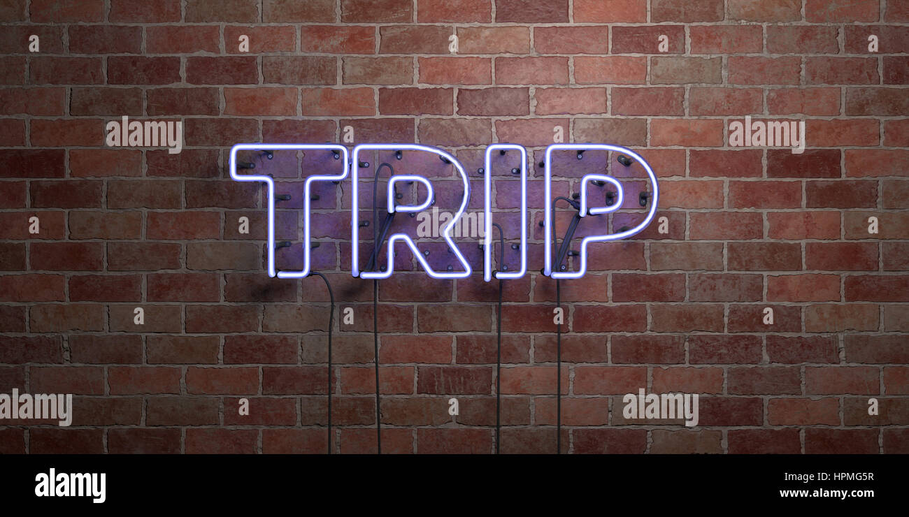 TRIP - fluorescent Neon tube Sign on brickwork - Front view - 3D ...