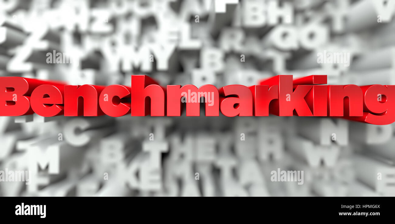 Benchmarking - Red text on typography background - 3D rendered royalty ...
