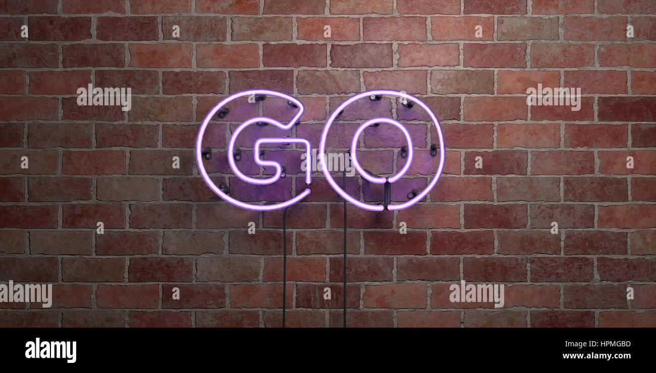 GO - fluorescent Neon tube Sign on brickwork - Front view - 3D rendered ...