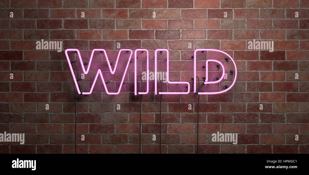 WILD - fluorescent Neon tube Sign on brickwork - Front view - 3D ...