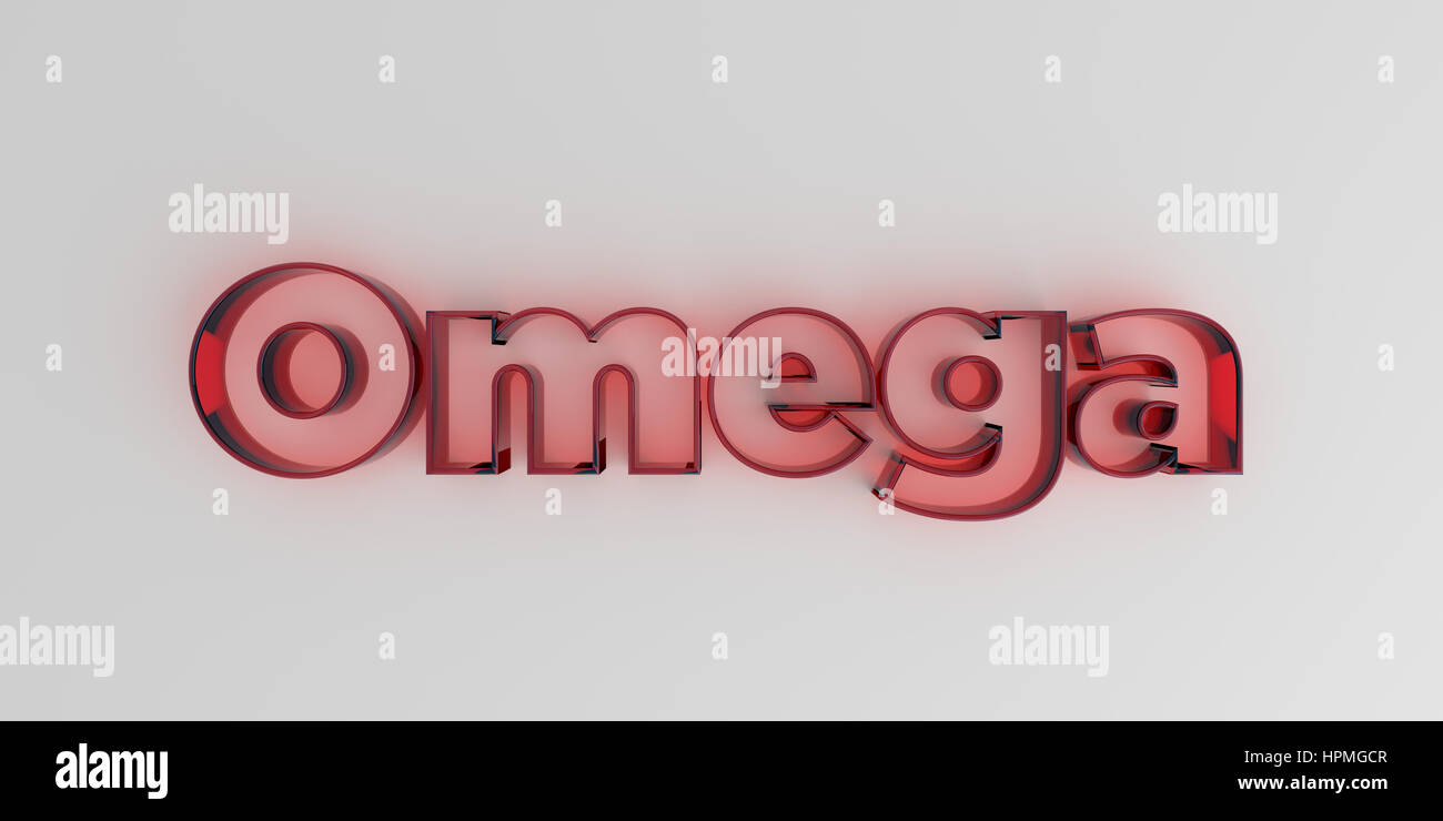 Omega - Red glass text on white background - 3D rendered royalty free ...