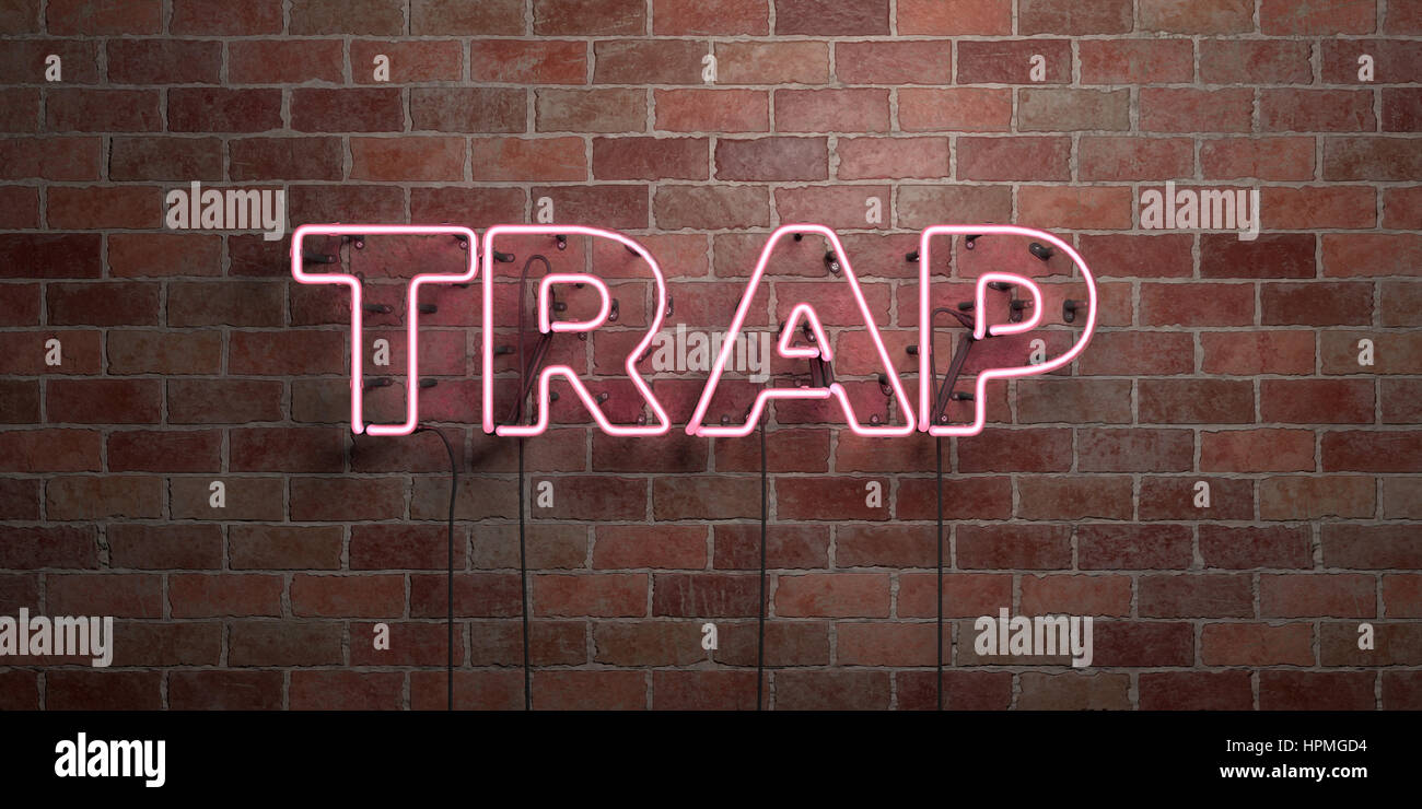 TRAP - fluorescent Neon tube Sign on brickwork - Front view - 3D ...