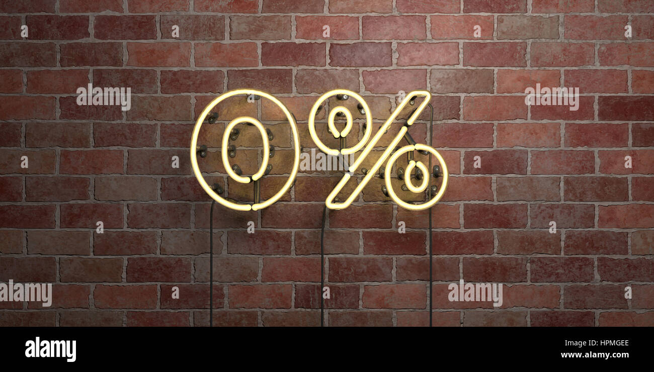 0% - fluorescent Neon tube Sign on brickwork - Front view - 3D rendered ...