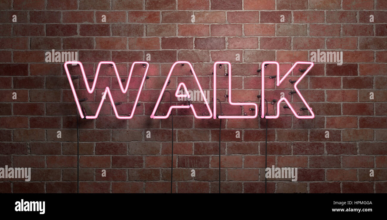WALK - fluorescent Neon tube Sign on brickwork - Front view - 3D ...