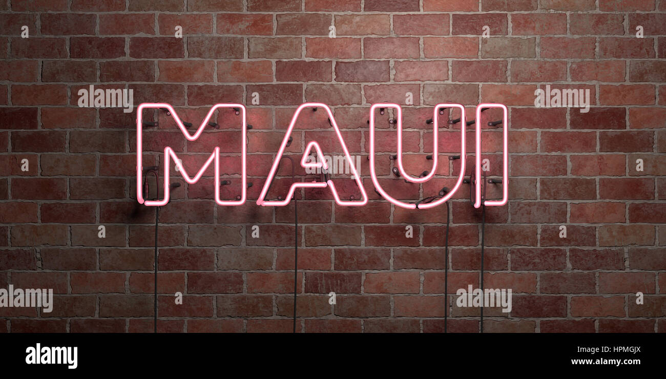 MAUI - fluorescent Neon tube Sign on brickwork - Front view - 3D ...