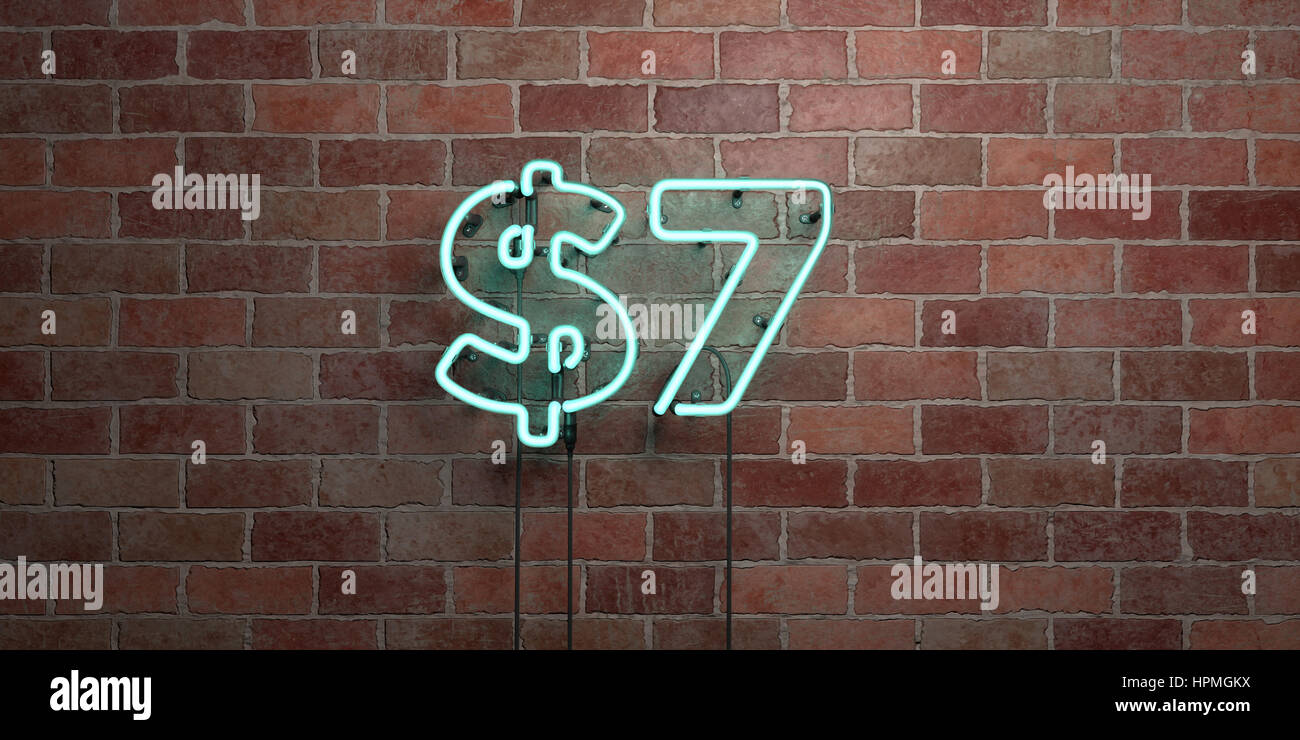 $7 - fluorescent Neon tube Sign on brickwork - Front view - 3D rendered ...