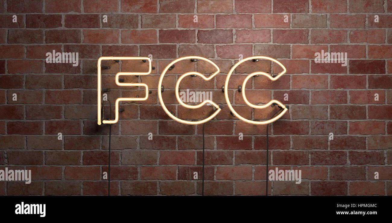 FCC - fluorescent Neon tube Sign on brickwork - Front view - 3D ...