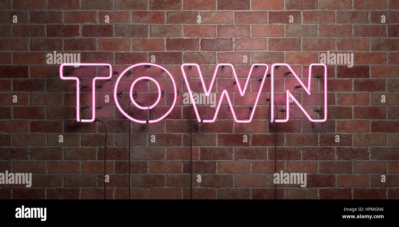 TOWN - fluorescent Neon tube Sign on brickwork - Front view - 3D ...