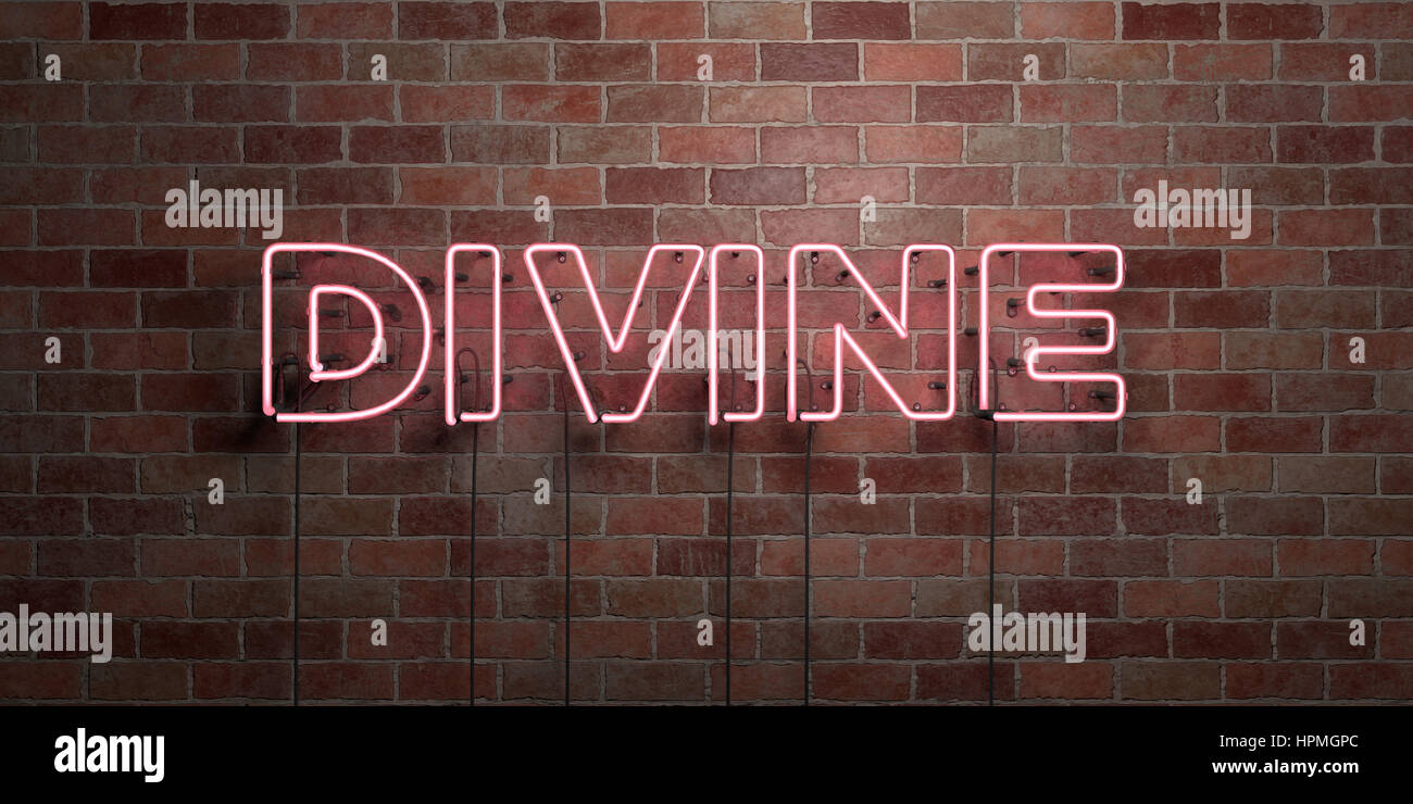 DIVINE - fluorescent Neon tube Sign on brickwork - Front view - 3D ...