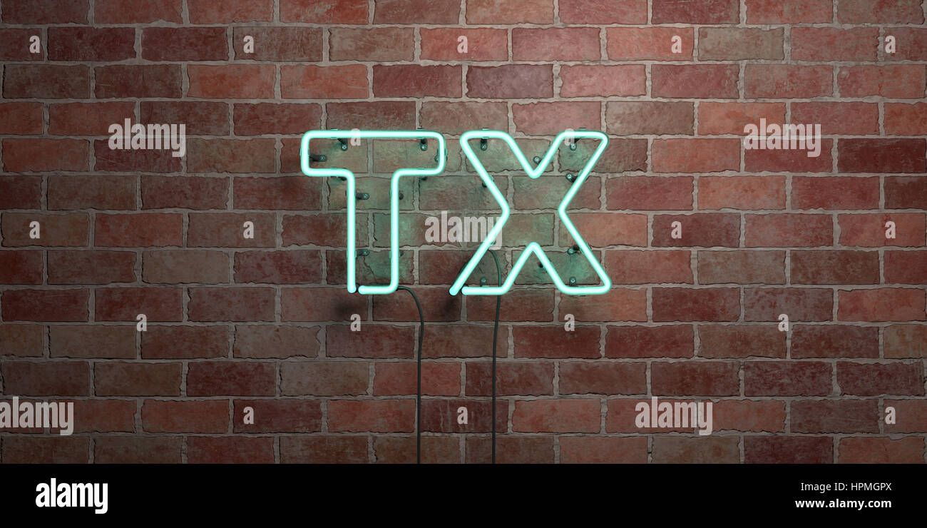 TX - fluorescent Neon tube Sign on brickwork - Front view - 3D rendered ...
