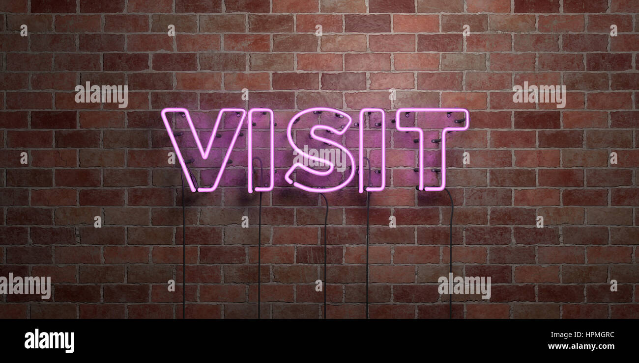 VISIT - fluorescent Neon tube Sign on brickwork - Front view - 3D ...