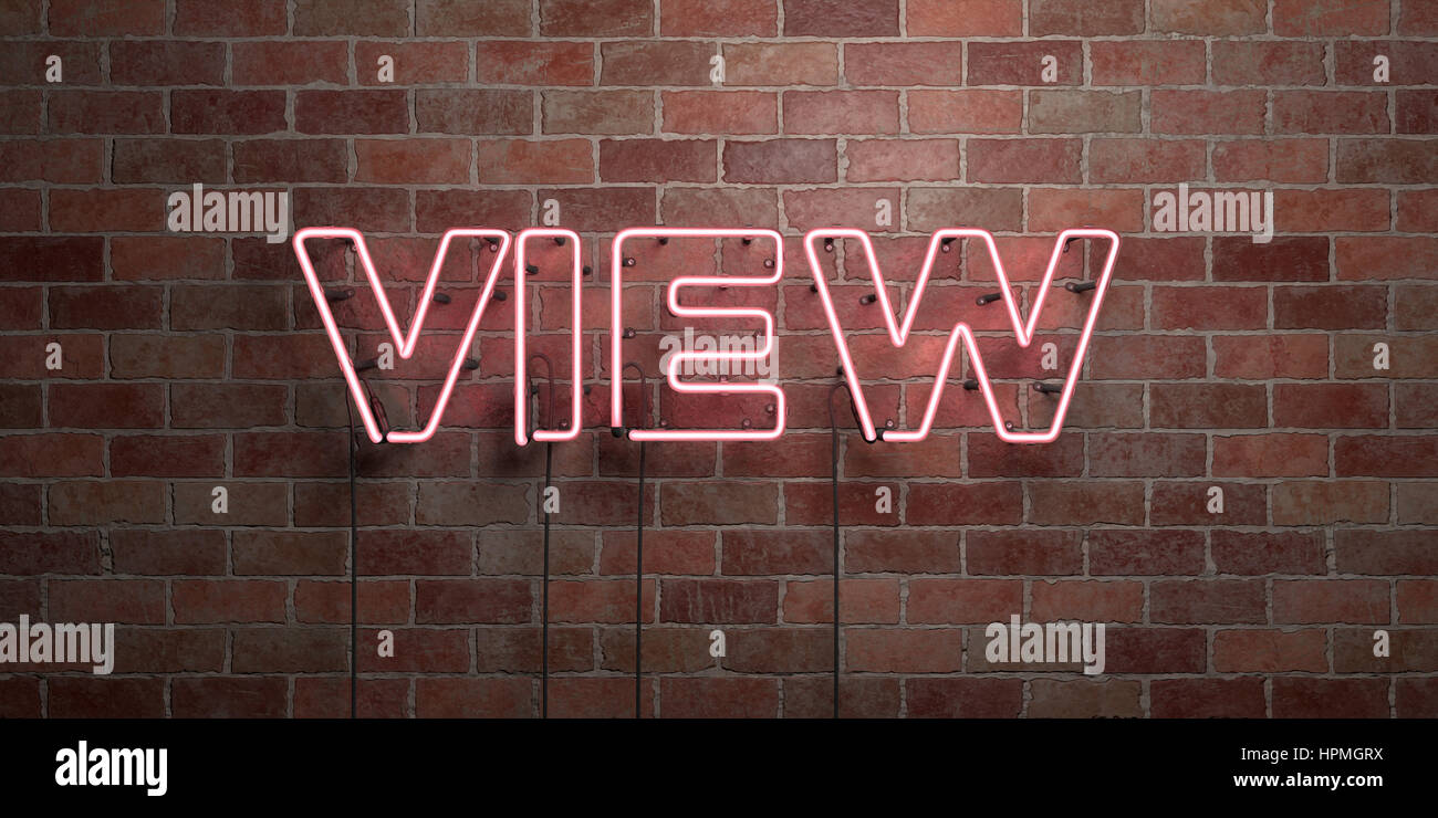 VIEW - fluorescent Neon tube Sign on brickwork - Front view - 3D ...