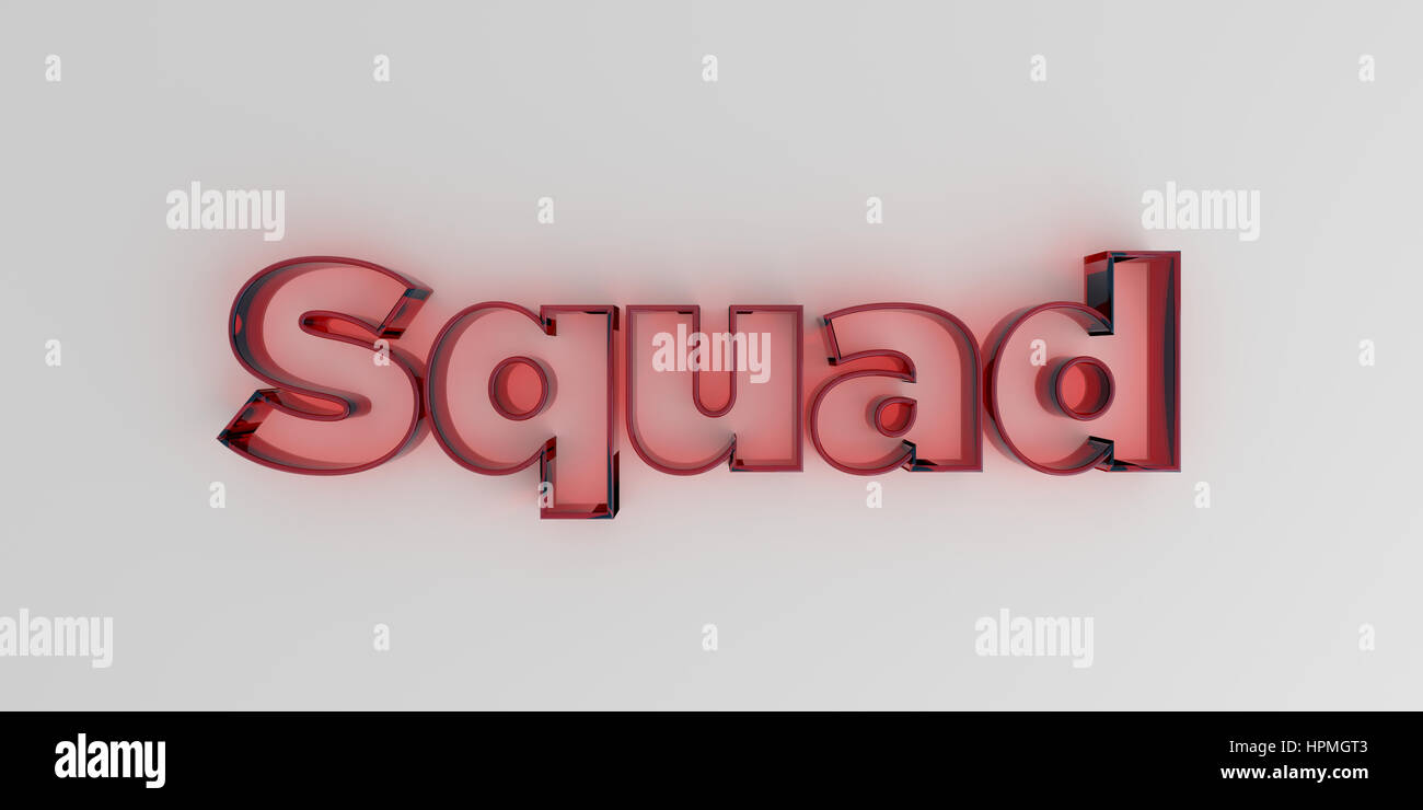 Squad - Red glass text on white background - 3D rendered royalty free ...