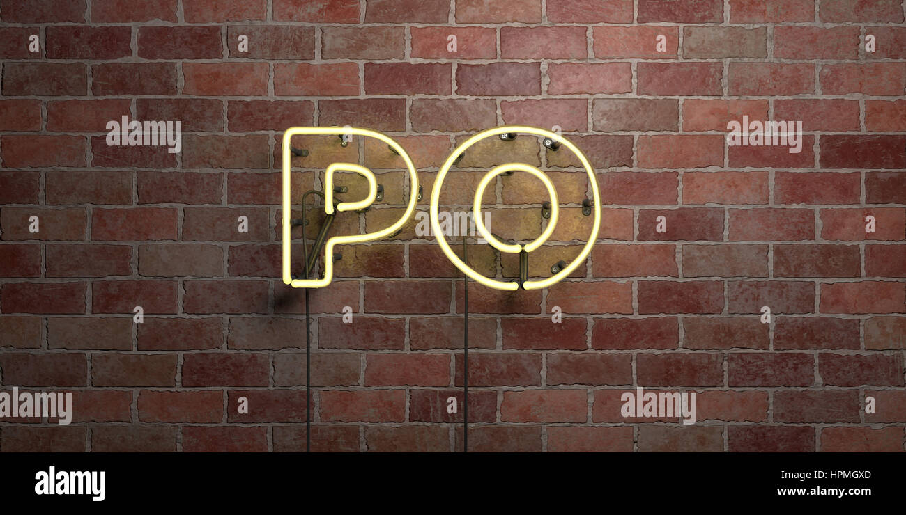 PO - fluorescent Neon tube Sign on brickwork - Front view - 3D rendered ...
