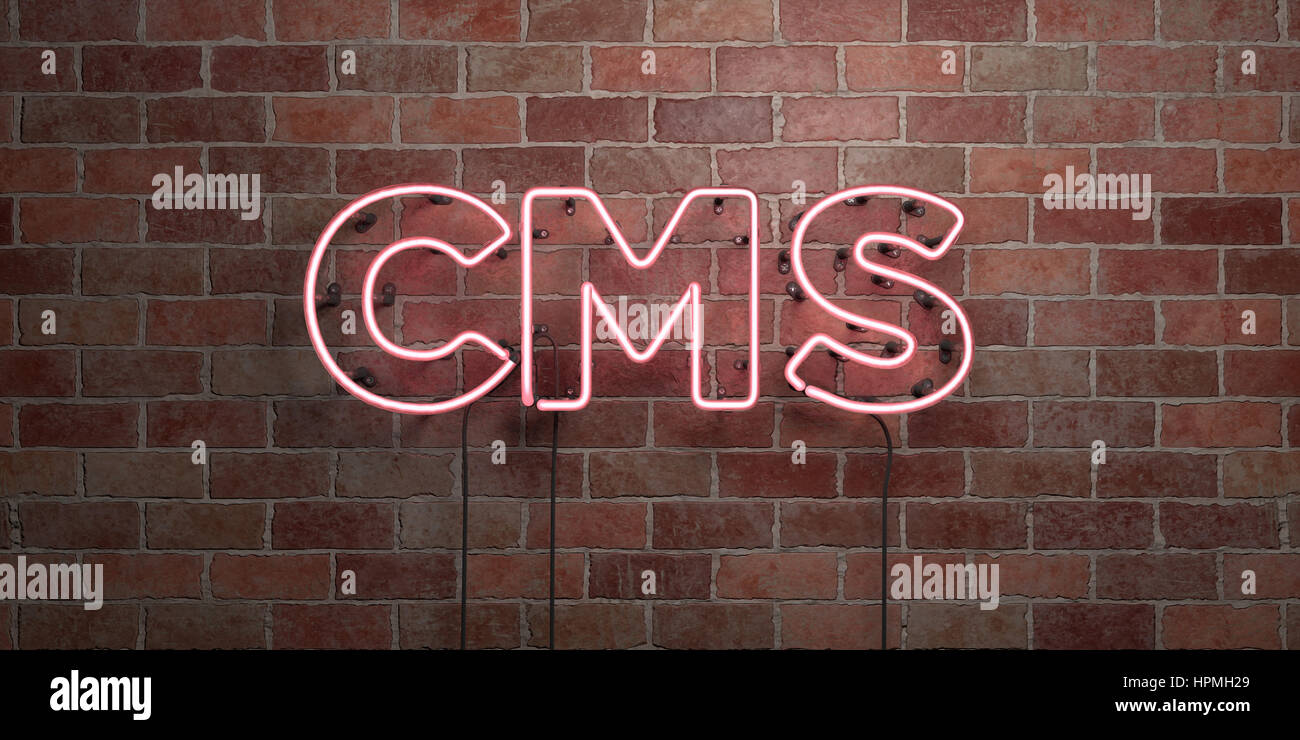 CMS - fluorescent Neon tube Sign on brickwork - Front view - 3D ...