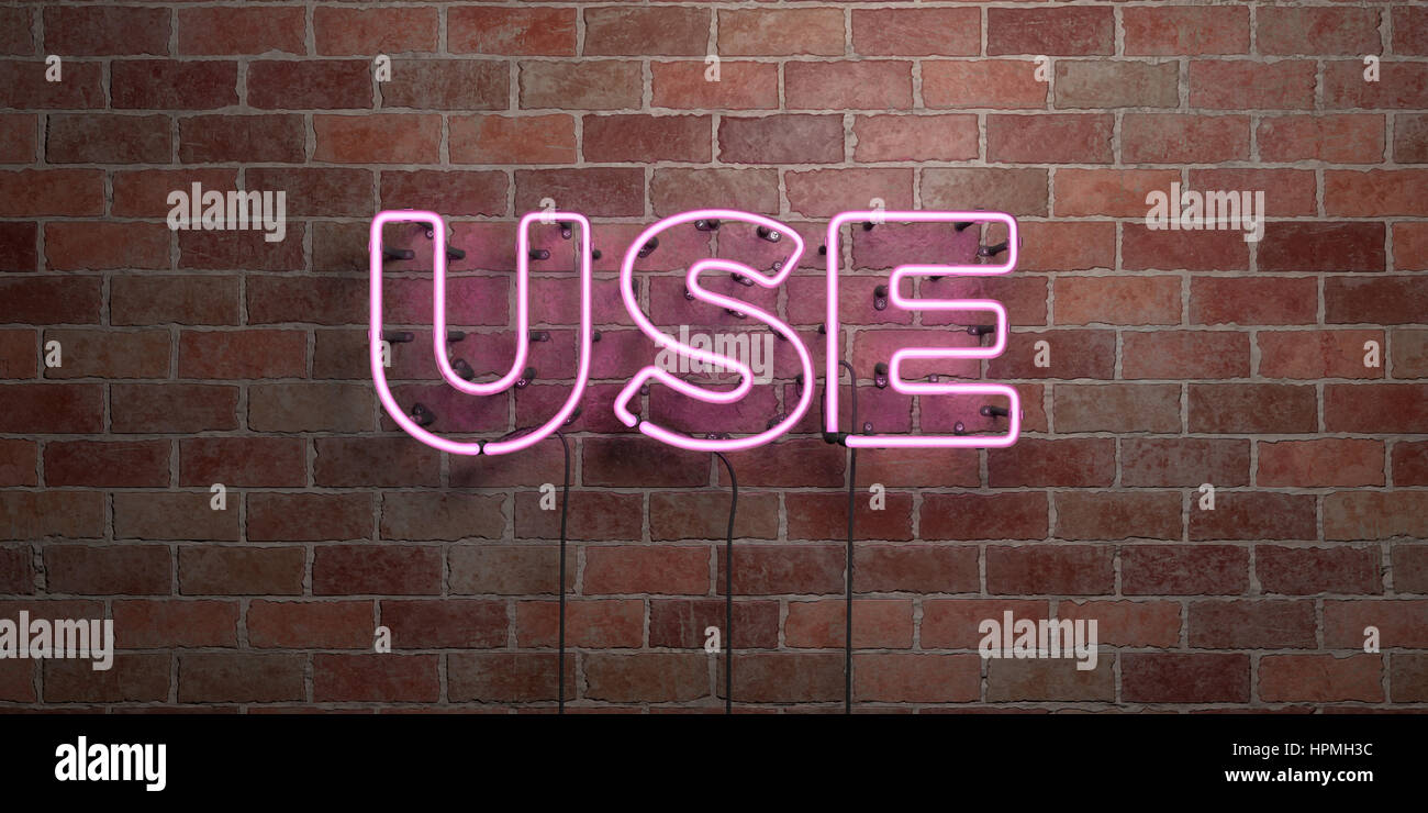 USE - fluorescent Neon tube Sign on brickwork - Front view - 3D ...