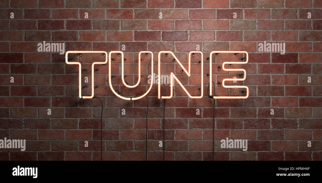 TUNE - fluorescent Neon tube Sign on brickwork - Front view - 3D ...