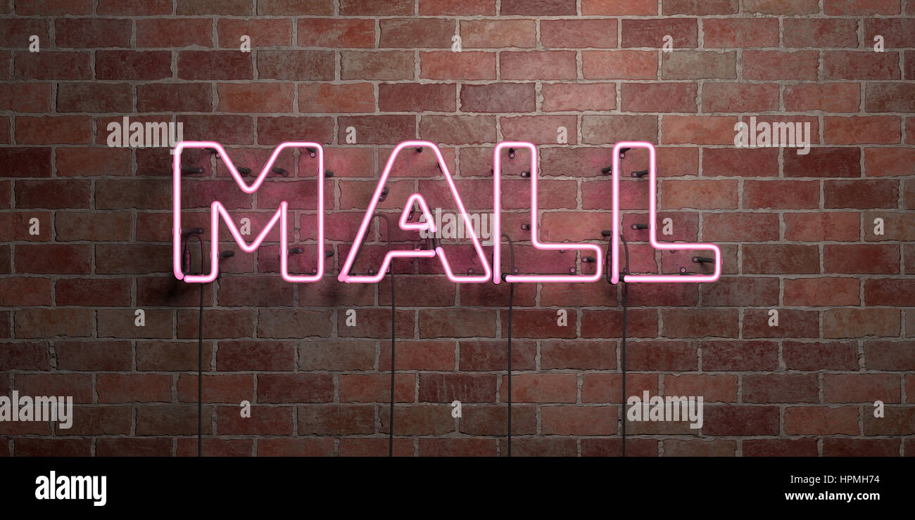 MALL - fluorescent Neon tube Sign on brickwork - Front view - 3D ...