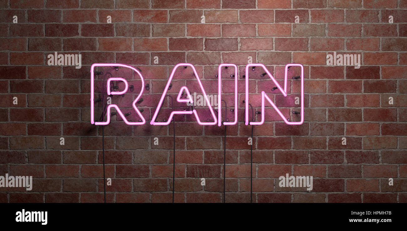 RAIN - fluorescent Neon tube Sign on brickwork - Front view - 3D ...