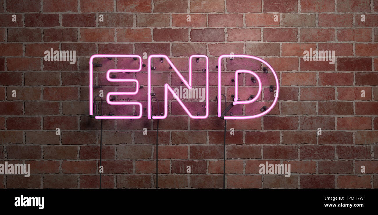 END - fluorescent Neon tube Sign on brickwork - Front view - 3D ...