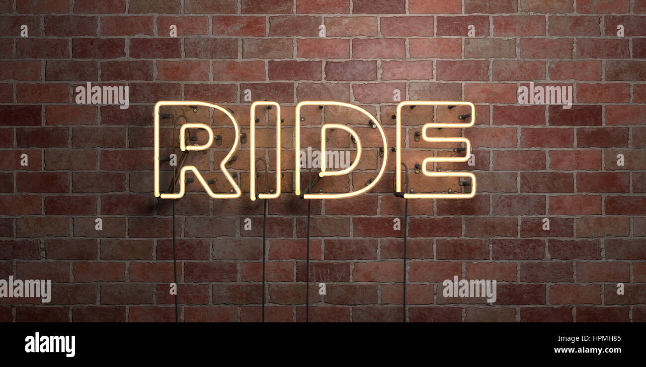 RIDE - fluorescent Neon tube Sign on brickwork - Front view - 3D ...
