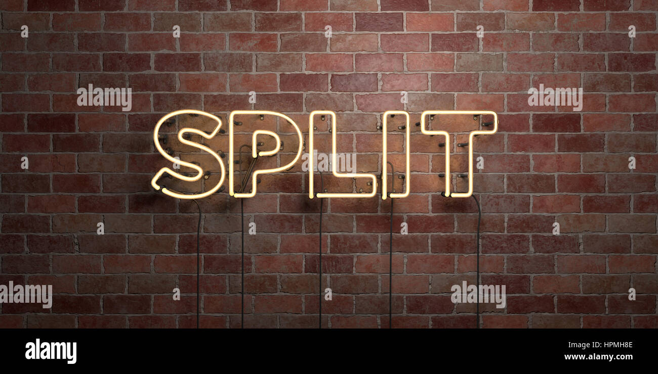 SPLIT - fluorescent Neon tube Sign on brickwork - Front view - 3D ...