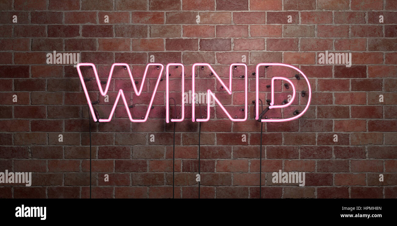 WIND - fluorescent Neon tube Sign on brickwork - Front view - 3D ...