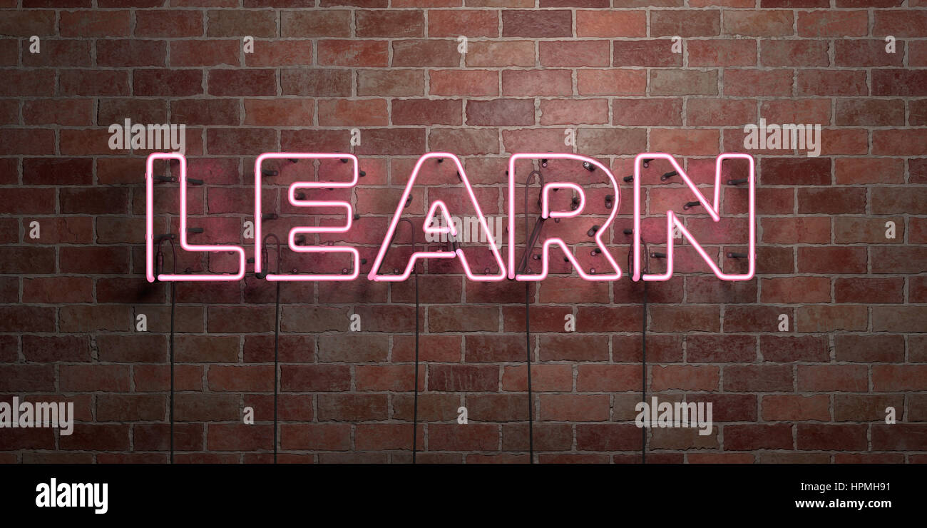 LEARN - fluorescent Neon tube Sign on brickwork - Front view - 3D ...