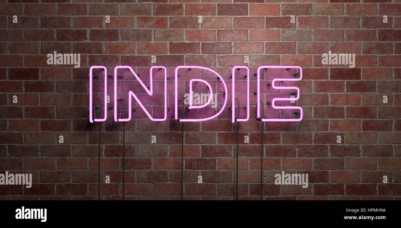 INDIE - fluorescent Neon tube Sign on brickwork - Front view - 3D ...