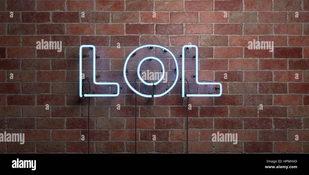 LOL - fluorescent Neon tube Sign on brickwork - Front view - 3D ...