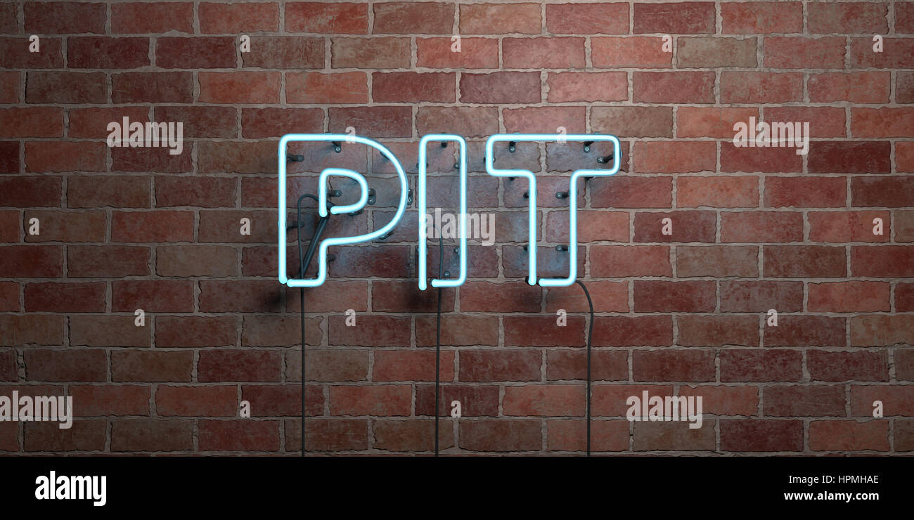 PIT - fluorescent Neon tube Sign on brickwork - Front view - 3D ...