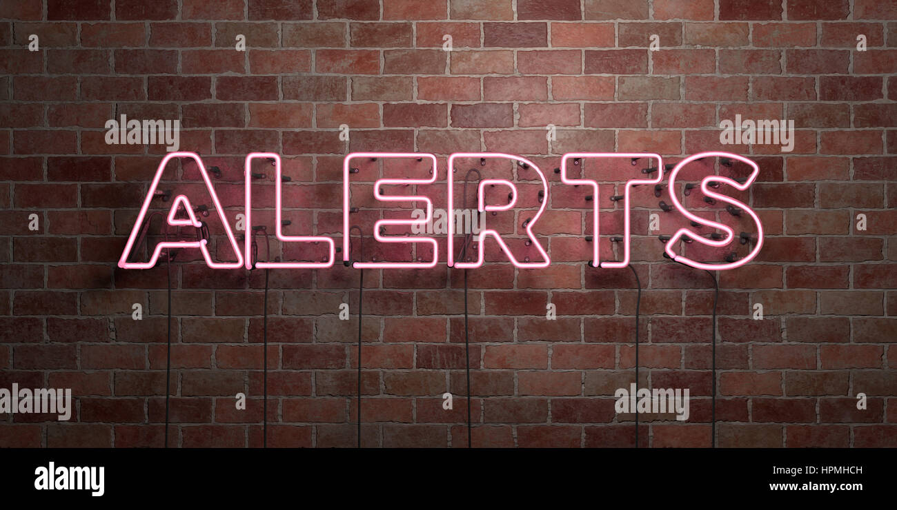 ALERTS - fluorescent Neon tube Sign on brickwork - Front view - 3D ...