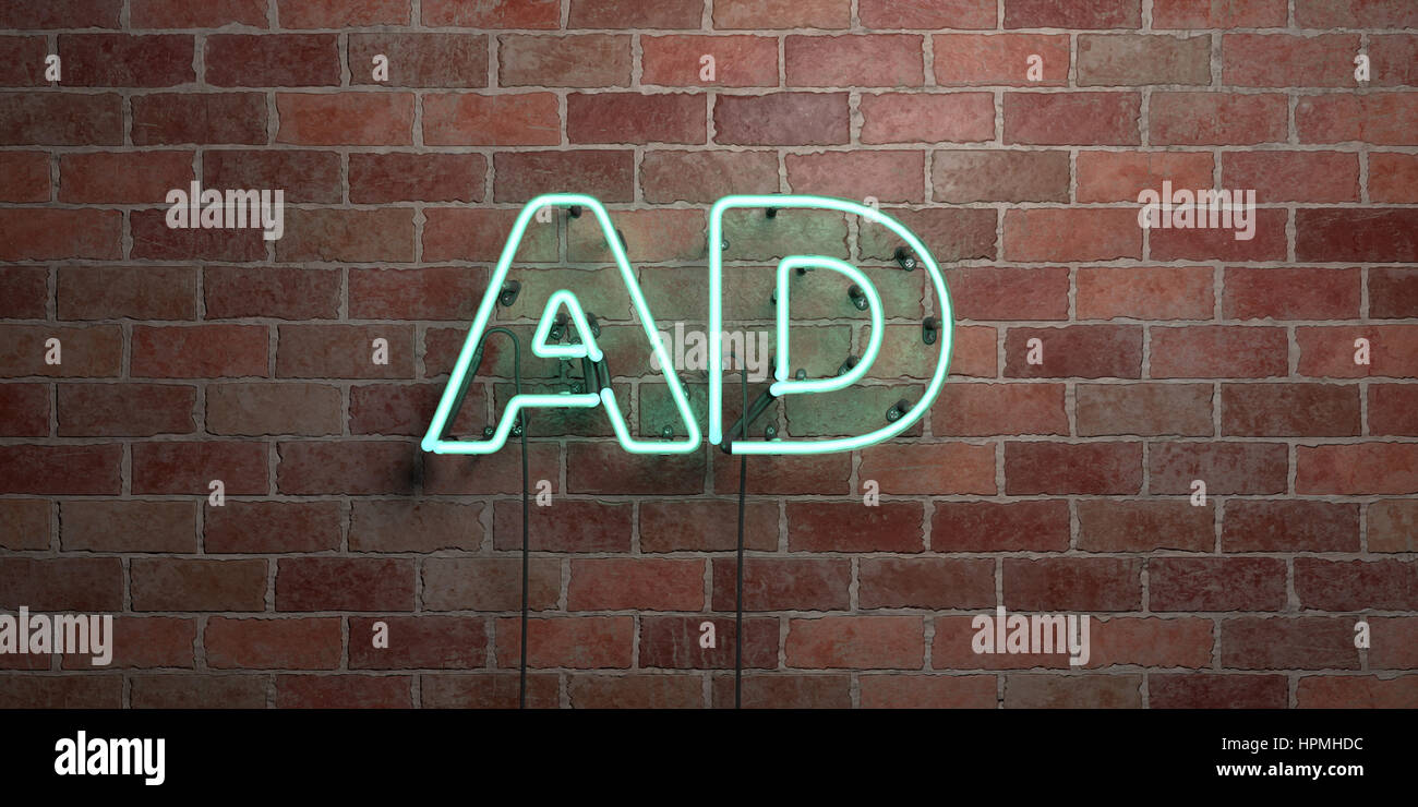 AD - fluorescent Neon tube Sign on brickwork - Front view - 3D rendered ...