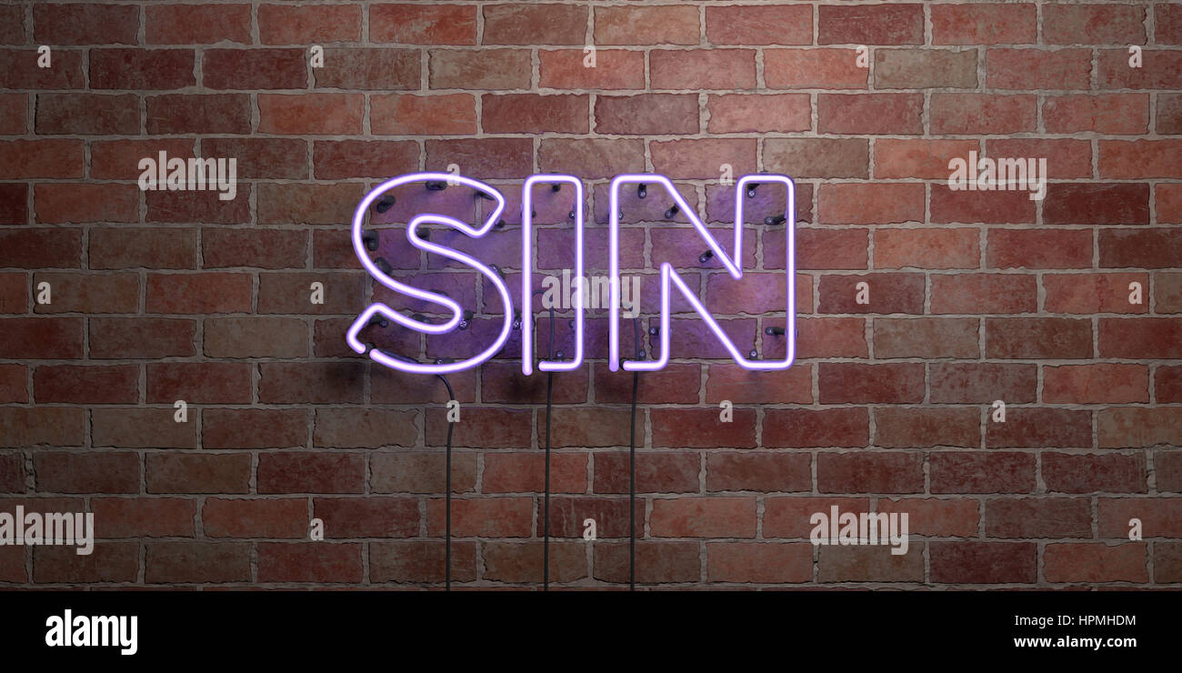 SIN - fluorescent Neon tube Sign on brickwork - Front view - 3D ...