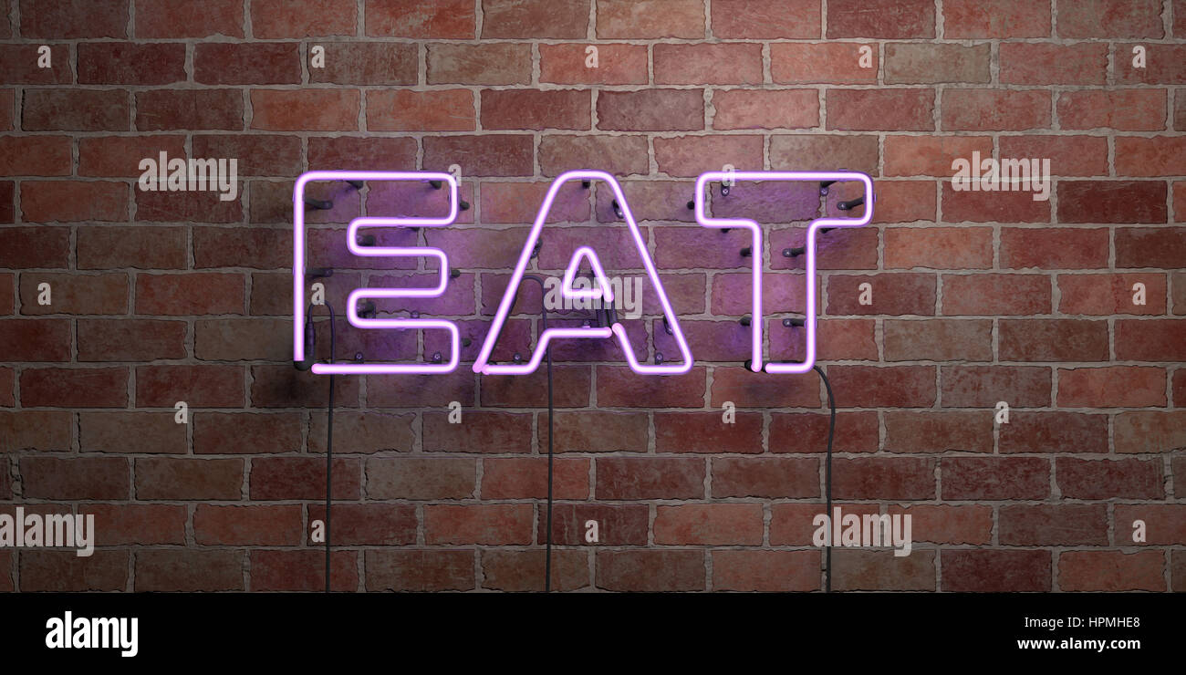 EAT - fluorescent Neon tube Sign on brickwork - Front view - 3D ...